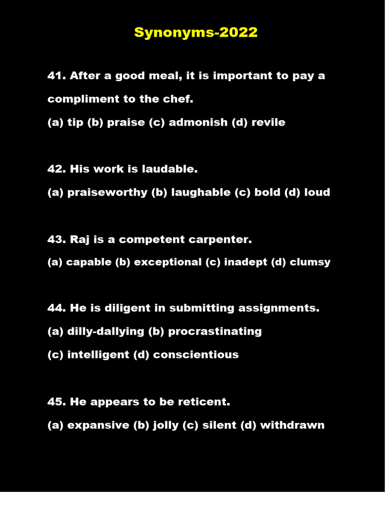 Synonyms-2022: (A) Capable (B) Exceptional (C) Inadept (D) Clumsy | PDF