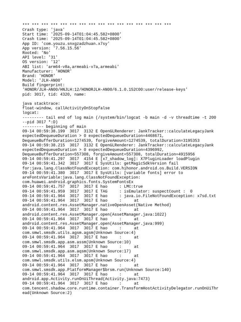 Java Crash Report for App Version 7.56.15 | PDF | Java (Programming ...