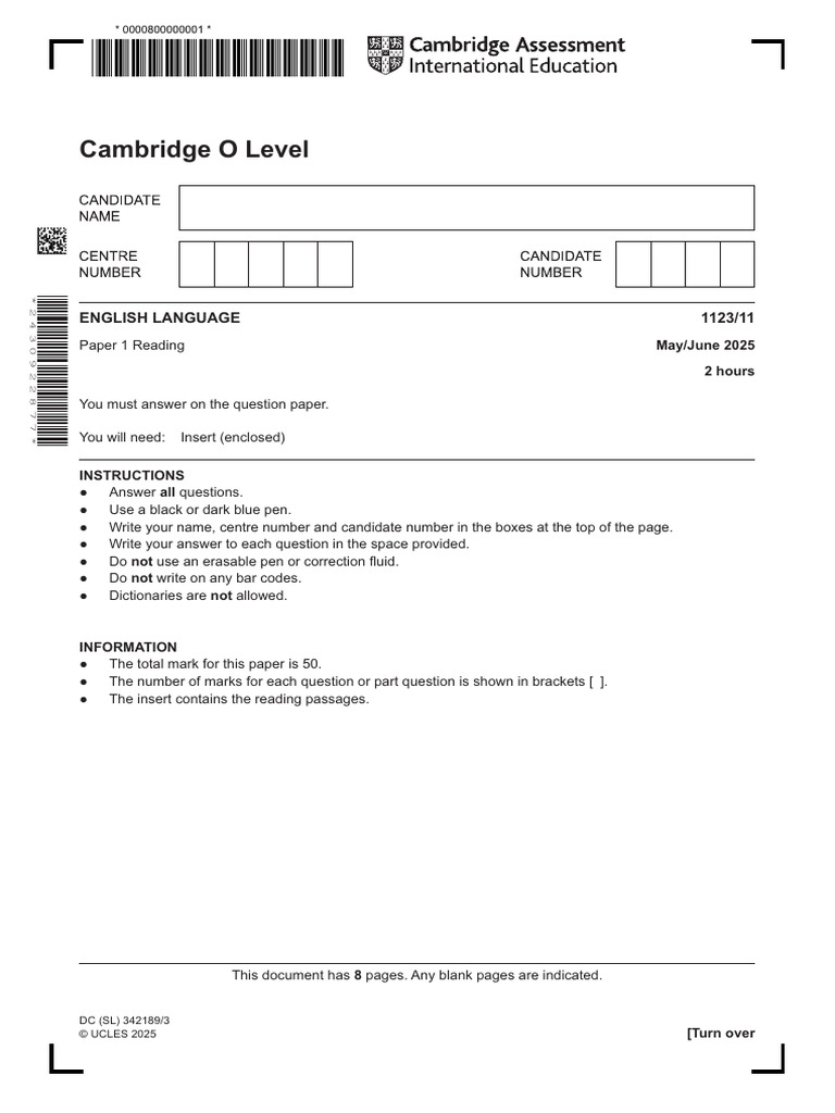 O Level English Paper 1 Reading 2025 Pdf