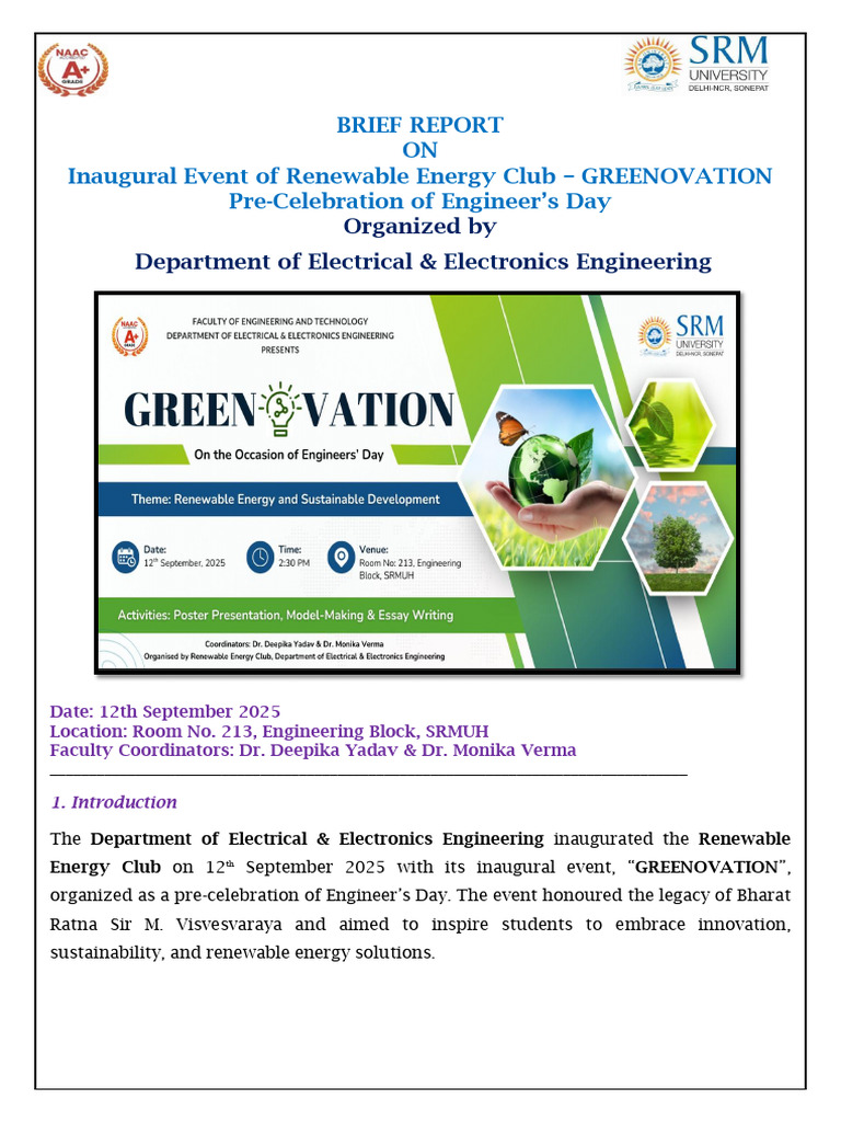 Greenovation 2025: Renewable Energy Club Launch | PDF