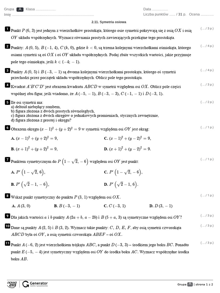 2.11. Symetria Osiowa Test (Z Widoczną Punktacją) | PDF