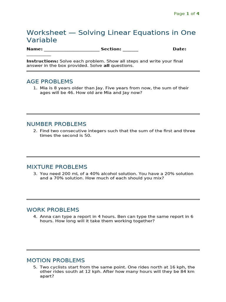 Linear Equations Practice Worksheet | PDF | Equations | Mathematics