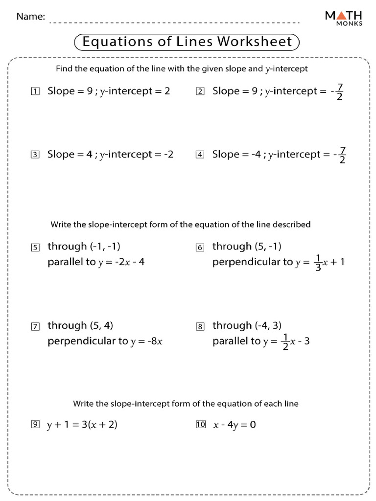 Equations of Lines Worksheet Geometry | PDF