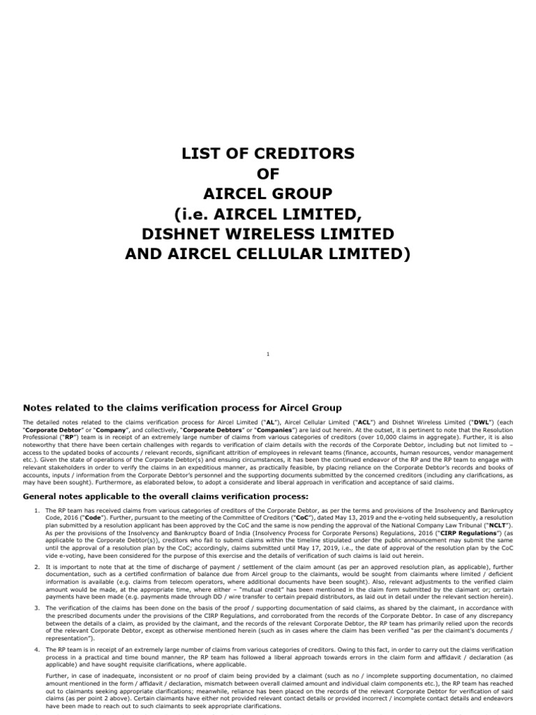 Aircel Group - List of Creditors - 17th May 2019 - Employees and Workmen | PDF | Bankruptcy ...