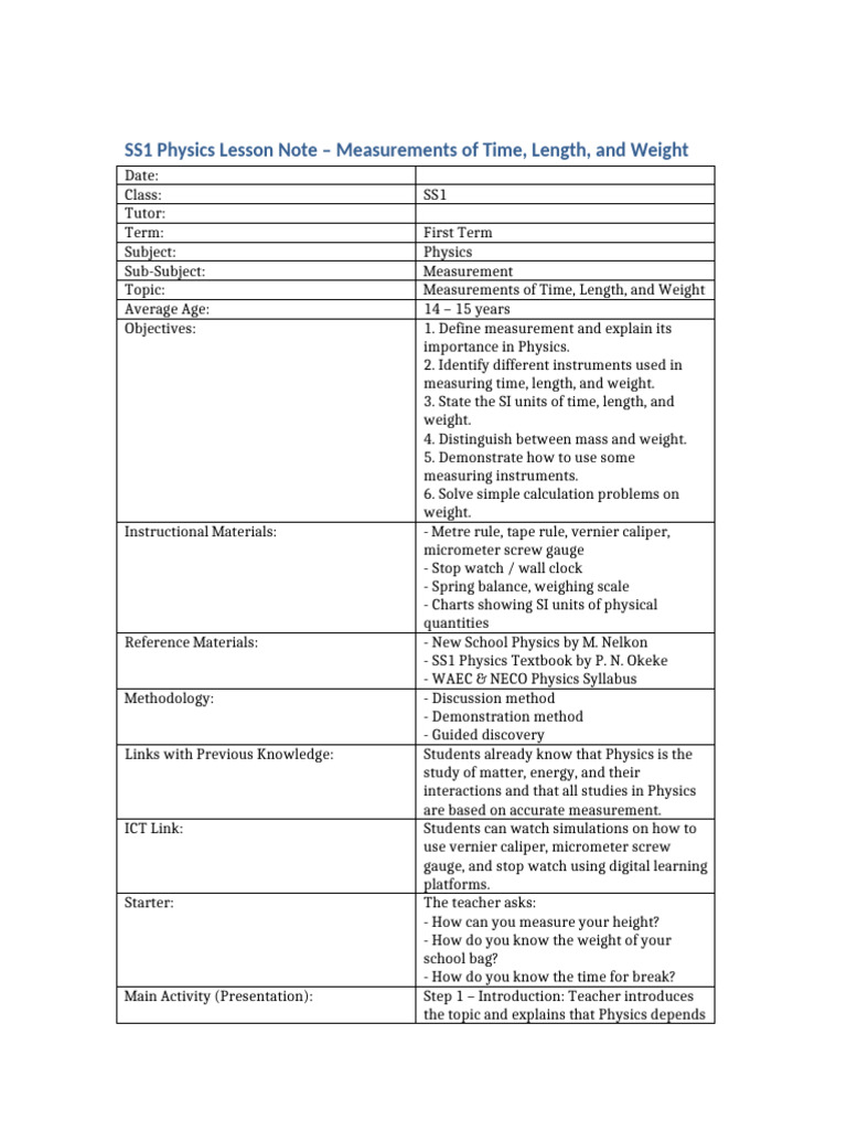 SS1 Physics Lesson Note Table | PDF | Weight | Measurement