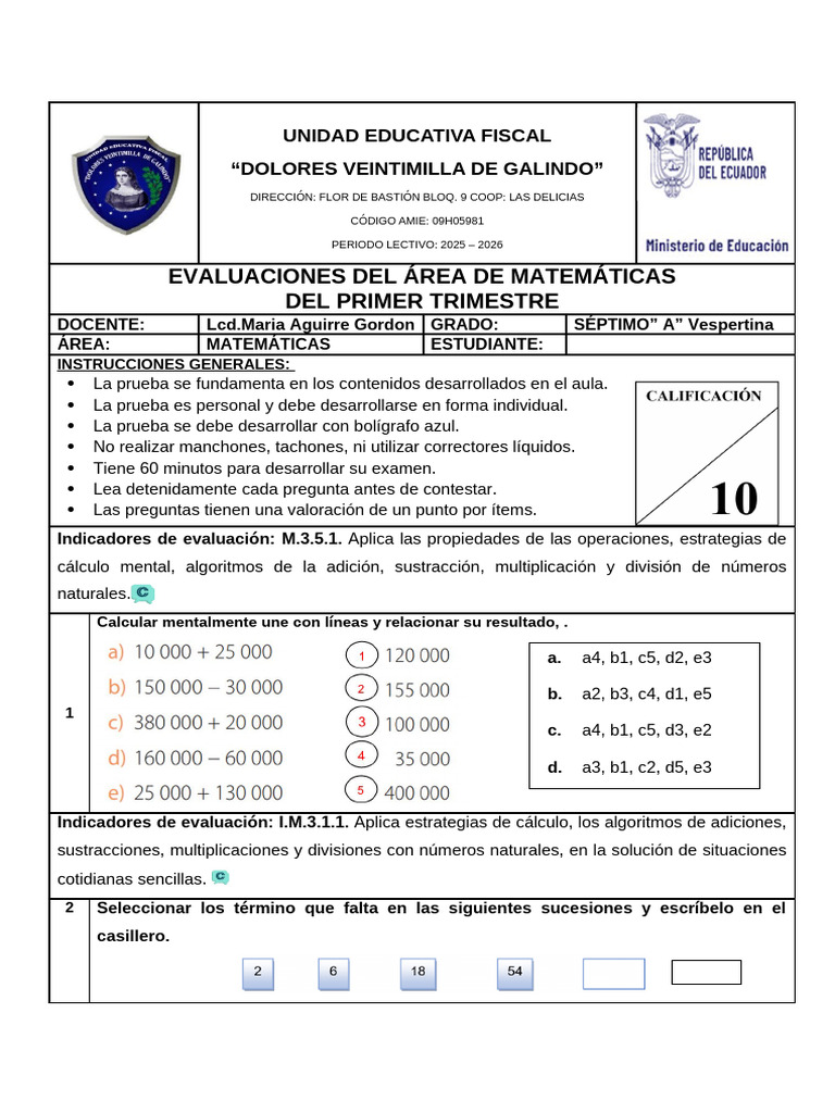 7mo - Examen de Matematicas Vespertina | PDF | Volumen | Aritmética