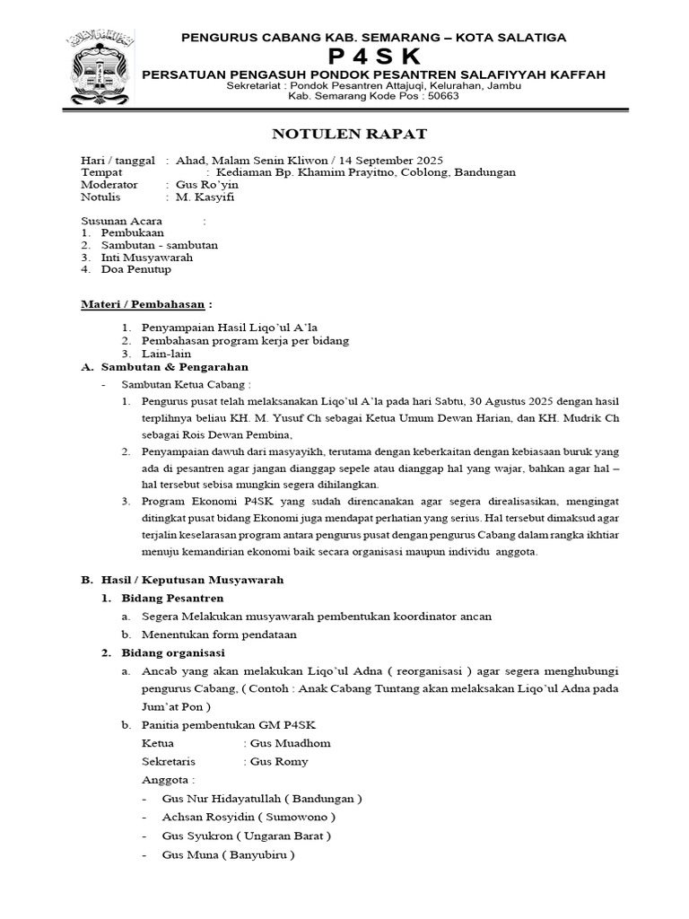Notulen Rapat P4SK Semarang-Salatiga | PDF