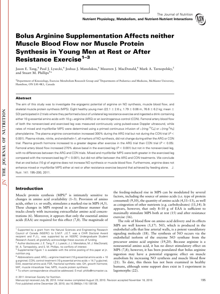 Bolus Arginine Supplementation Affects Neither Muscle Blood Flow Nor ...