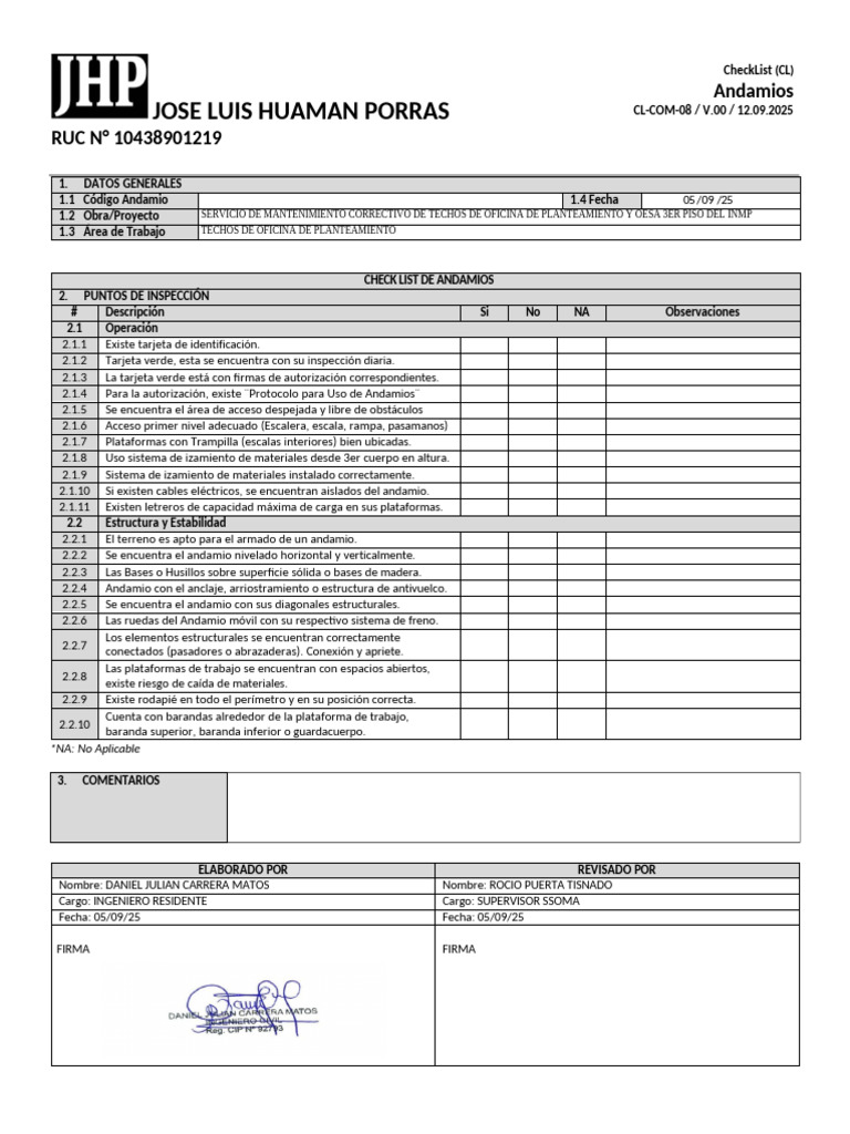 Checklist de Inspección de Andamios | PDF | Andamio
