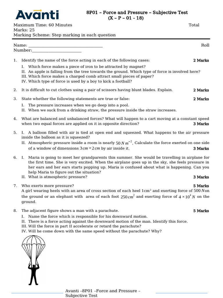 Force and Pressure Subjective Test | PDF | Force | Pressure