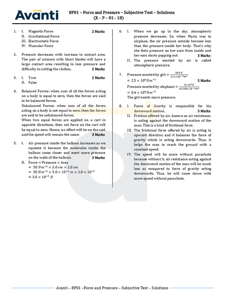 8P01 Force and Pressure Subjective Test - Sol - (v4) | PDF | Force ...