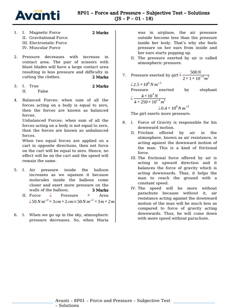 Force and Pressure Test Solutions | PDF | Force | Pressure