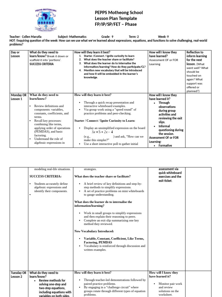 Week 9 Grade 9 Lesson Plan | PDF | Educational Assessment | Learning