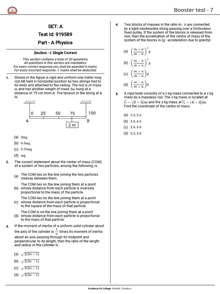 Physics and Chemistry Booster Test 7 | PDF | Collision | Momentum