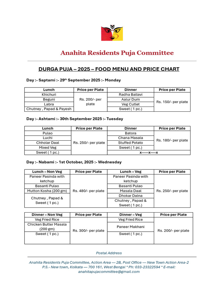 Durga Puja-Food Menu & Price Chart-2025 | PDF | Cuisine | South Asian ...