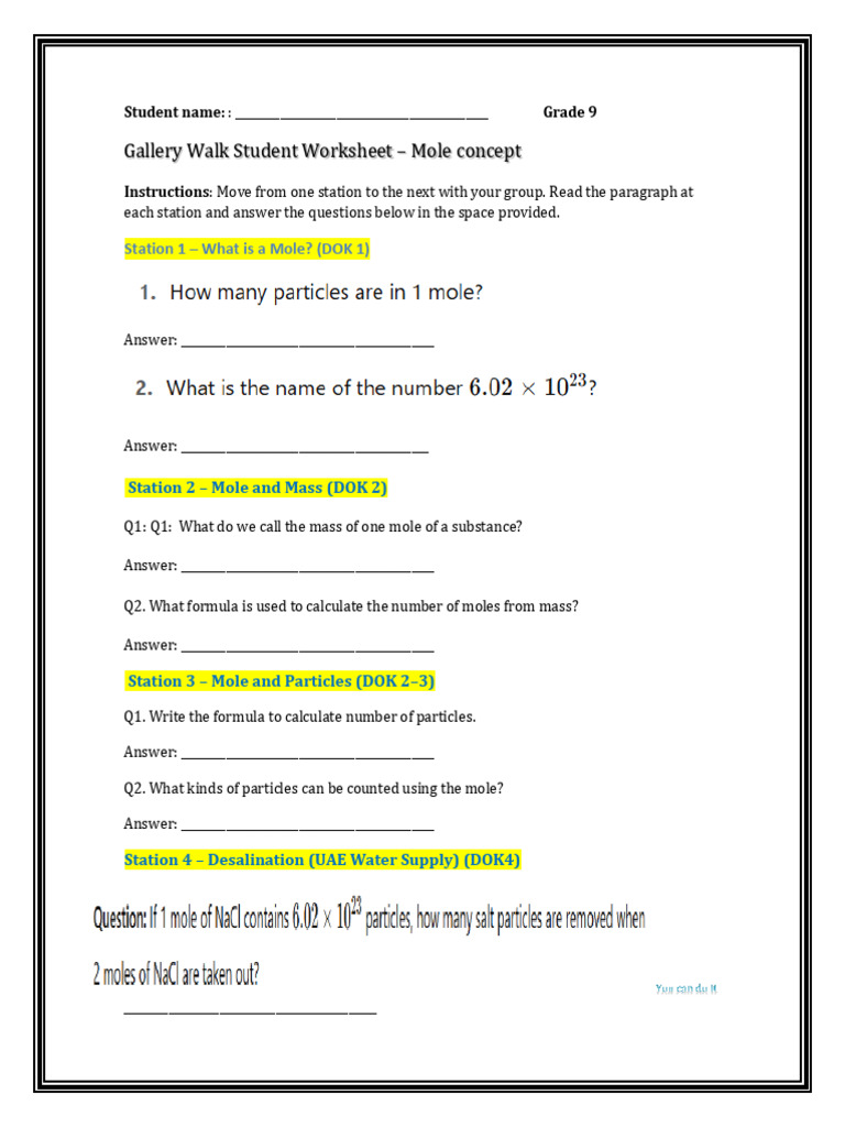 Grade 9 Mole Concept Worksheet | PDF