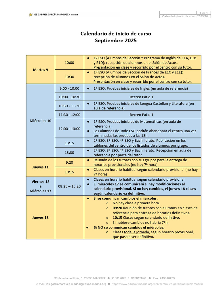Calendario Inicio Curso 2025/26 | PDF
