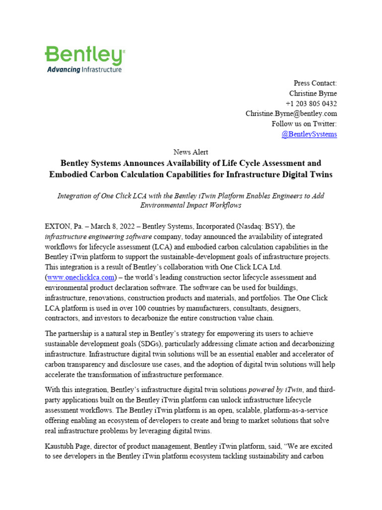 Bentley iTwin Integrates LCA for Sustainability | PDF | Life Cycle ...