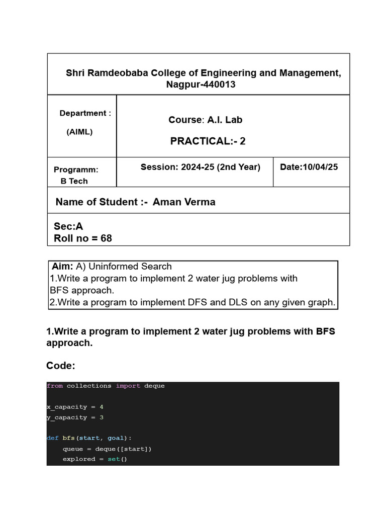 AI Lab: BFS & DFS Graph Solutions | PDF | Algorithms And Data Structures | Computational Problems