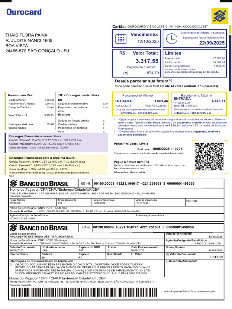 FATURA visa classic BB | PDF | Crédito rotativo | Cartão de crédito