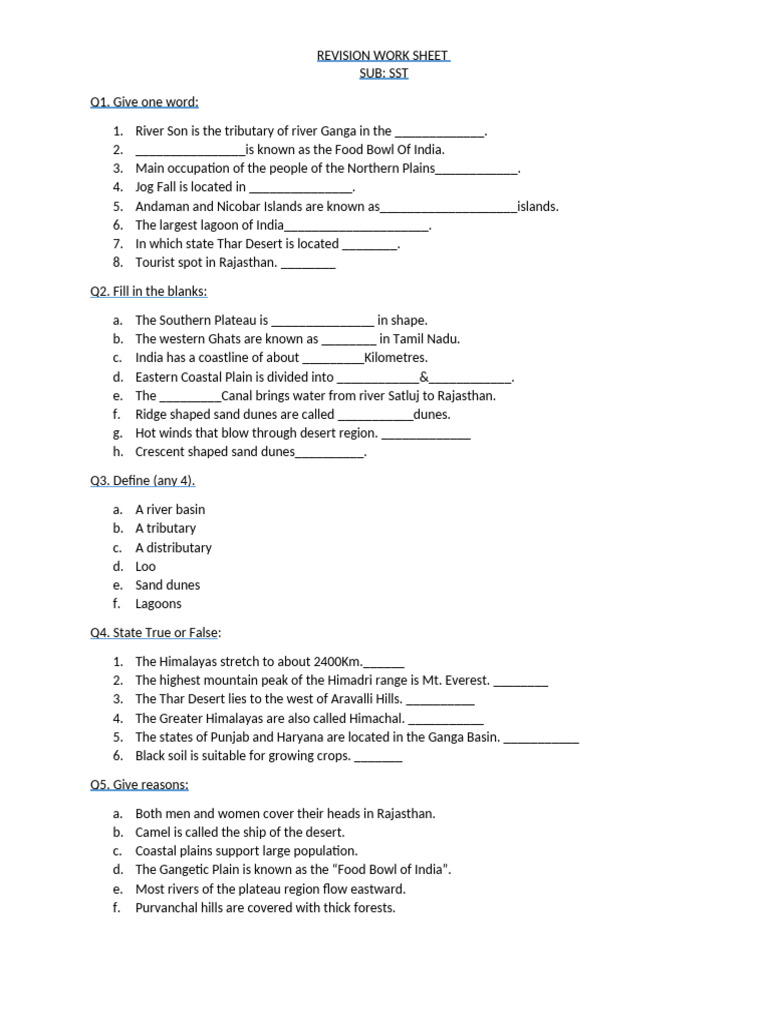 India Geography Revision Worksheet | PDF | Earth Sciences | Geomorphology
