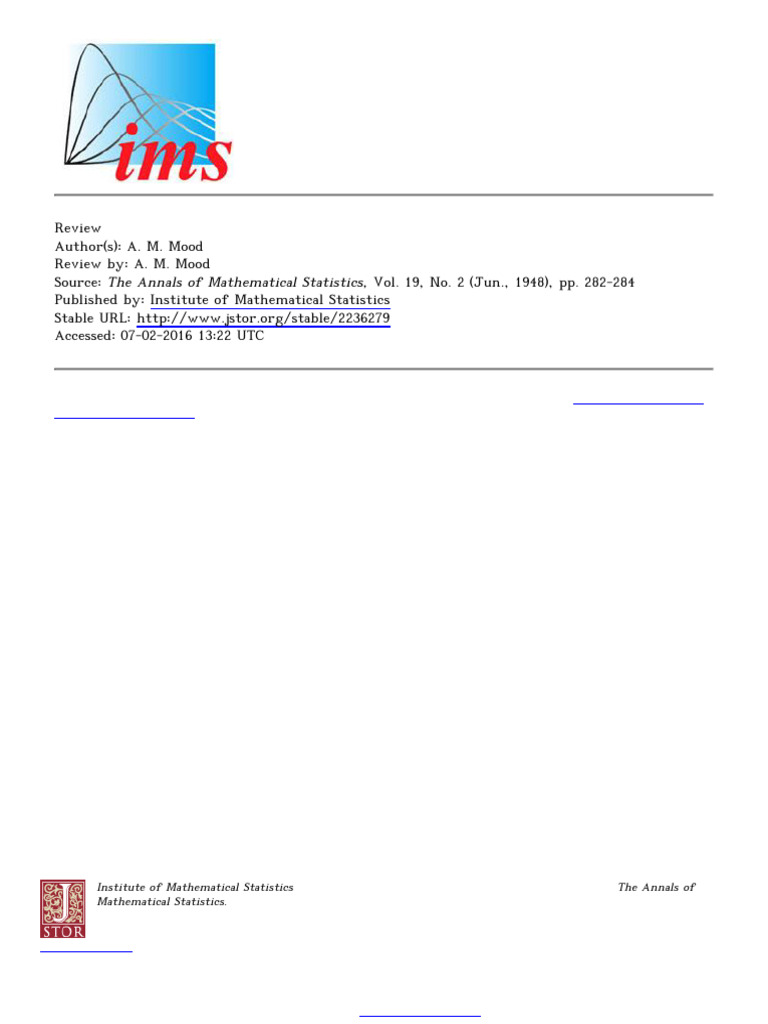 Institute of Mathematical Statistics The Annals of Mathematical ...