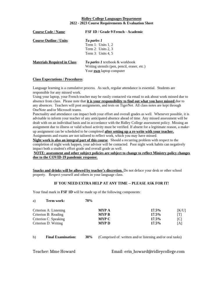 Gr. 9 Core French Syllabus | PDF | Learning