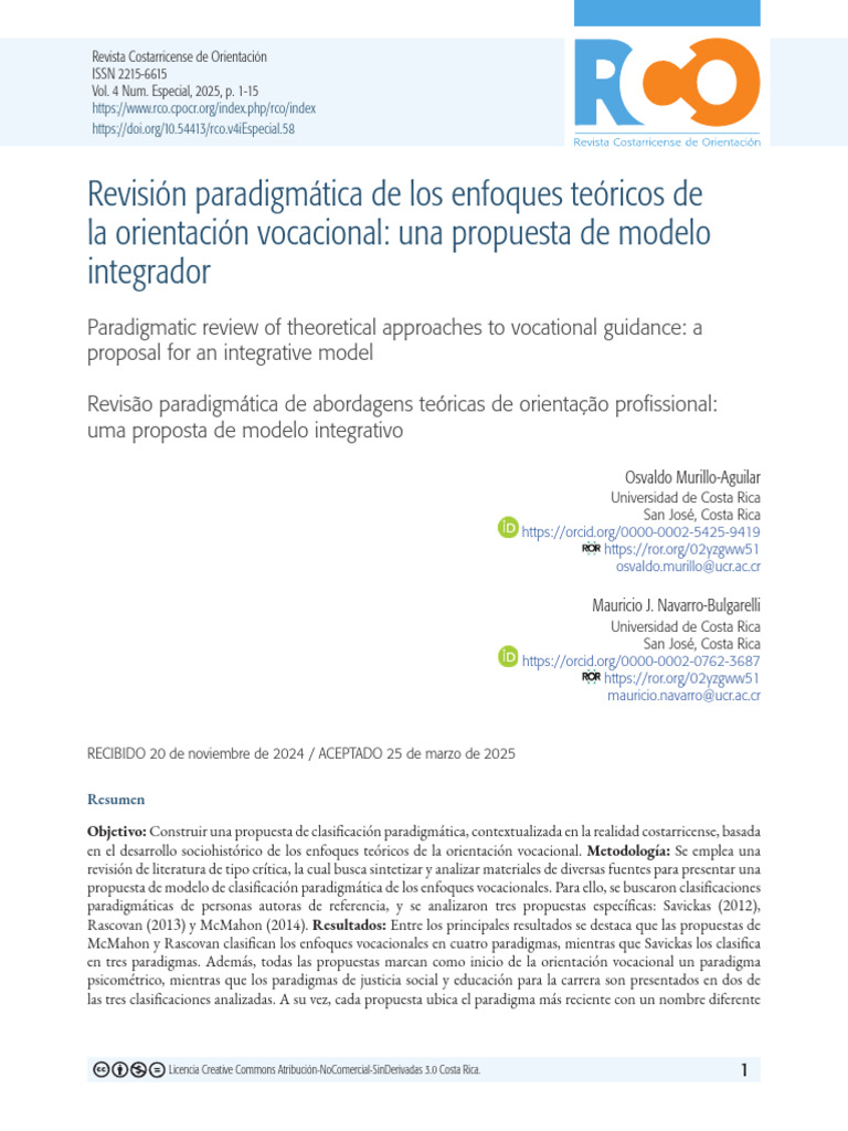 Revisión Paradigmática de Los Enfoques Teóricos de La Orientación Vocacional: Una Propuesta de ...