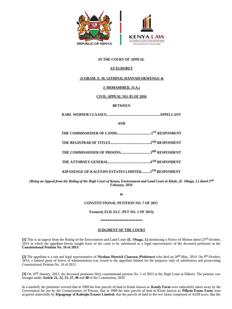 Karl Wehner Claasen V Commissioner of Lands 4 Others 2019KECA766 (KLR ...