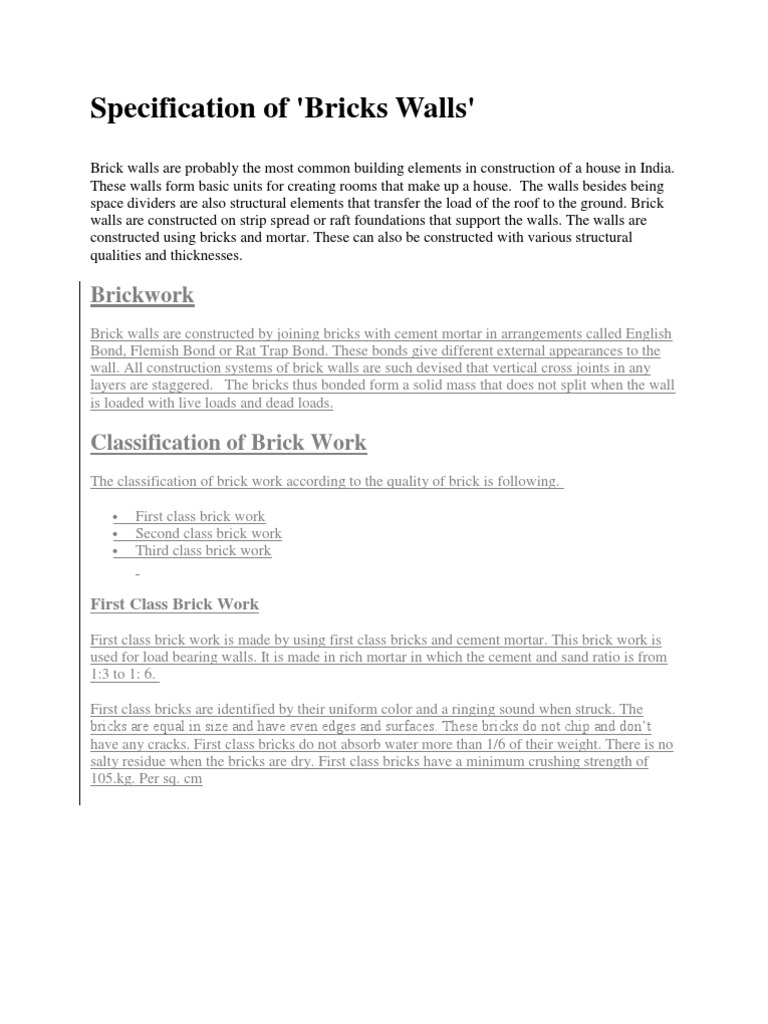 Brick Wall Construction Specifications | PDF