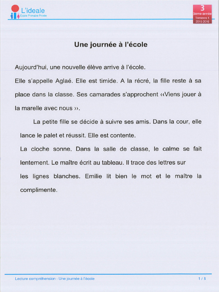Exercices de Lecture - Compréhension en Français (Une Journée À L'école ...