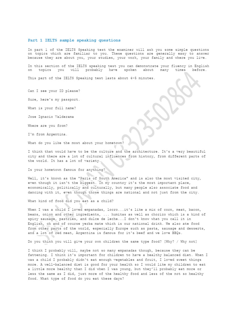 Part 1 IELTS Sample Speaking Questions | PDF | Ho Chi Minh City