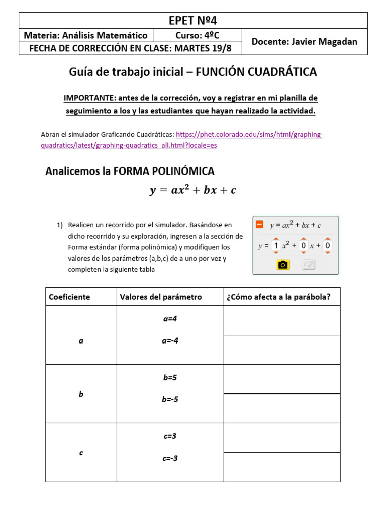 2025 - 3 Guia Trabajo Cuadrática Phet y Geogebra | PDF | Matemáticas