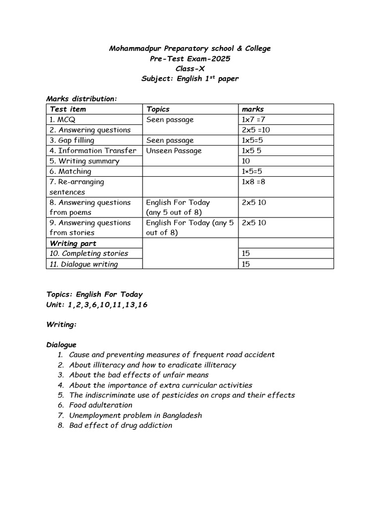 English Pre-Test Exam 2025 Class-X | PDF