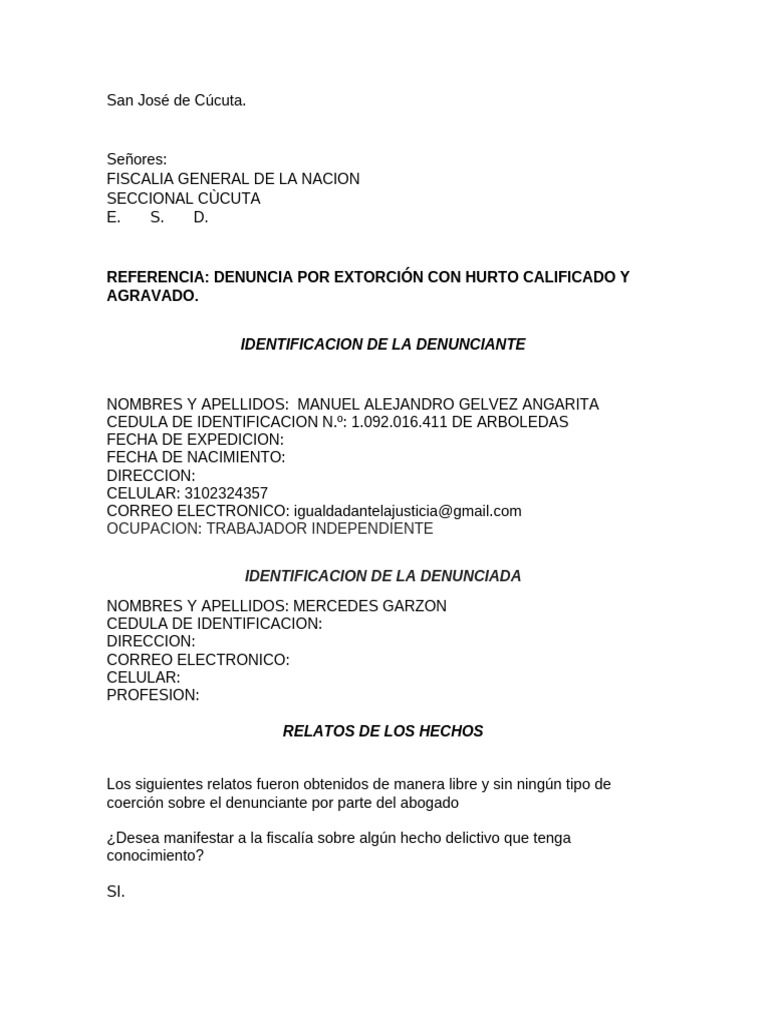 Denuncia Manuel Alejandro Gelvez Angarita | PDF