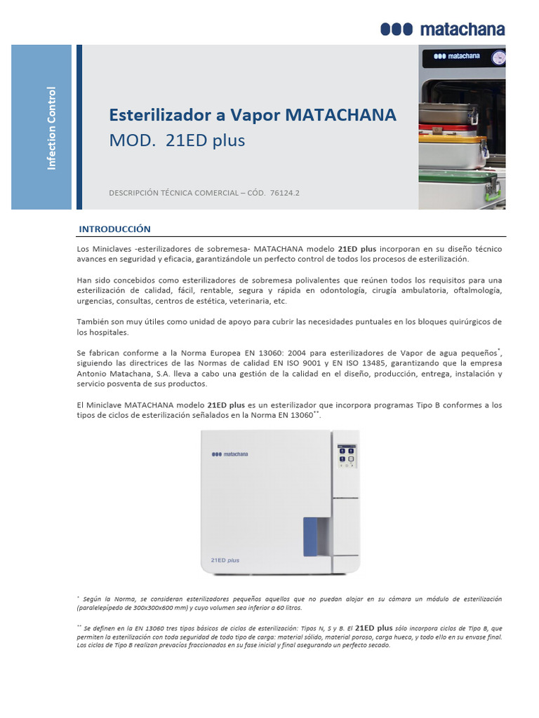 Esterilizador a Vapor MATACHANA 21ED Plus | PDF | Agua | Esterilización ...