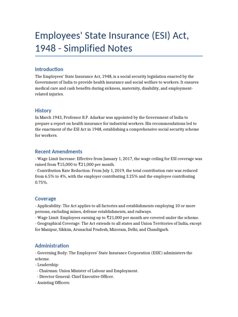 ESI Act 1948: Key Notes and Benefits | PDF | Employment | Welfare State