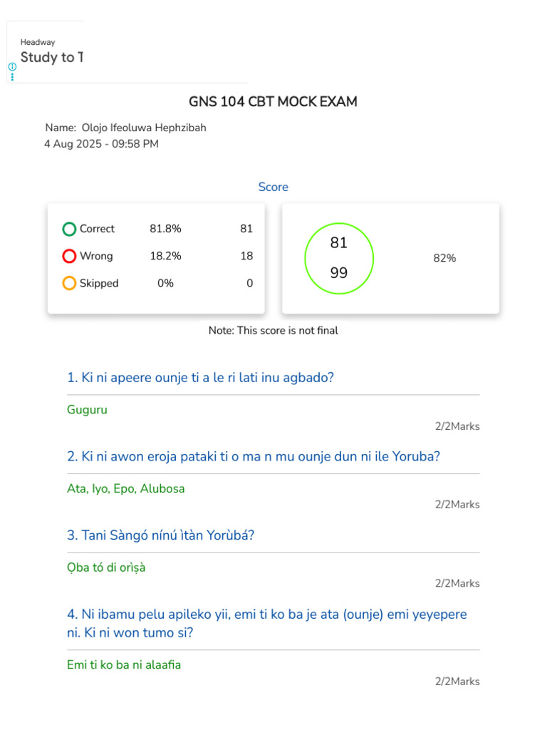 Yoruba Language Mock Exam Results | PDF