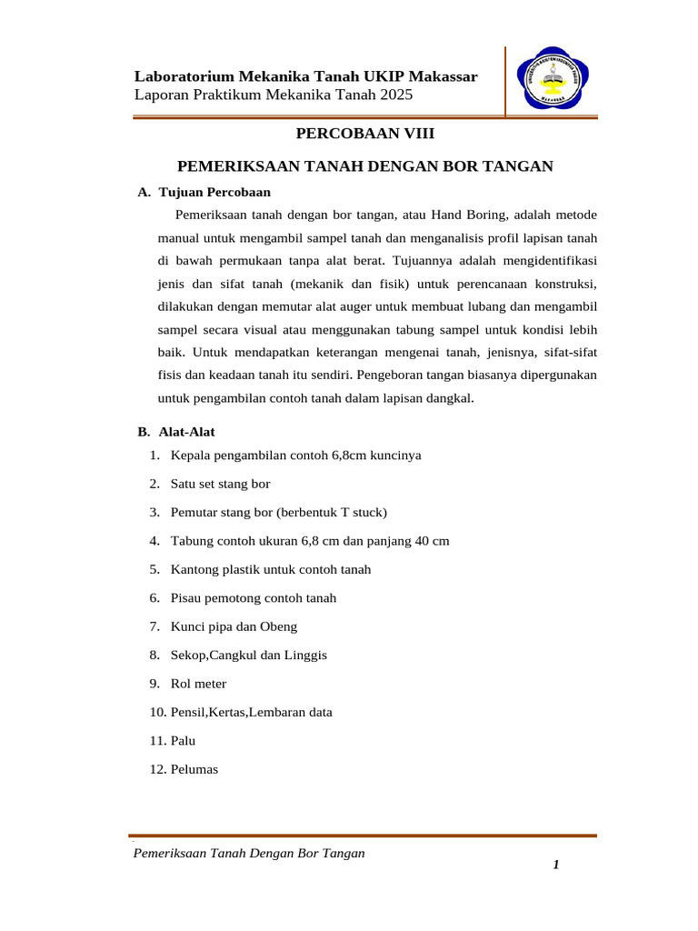 Praktikum Pemeriksaan Tanah Bor Tangan | PDF