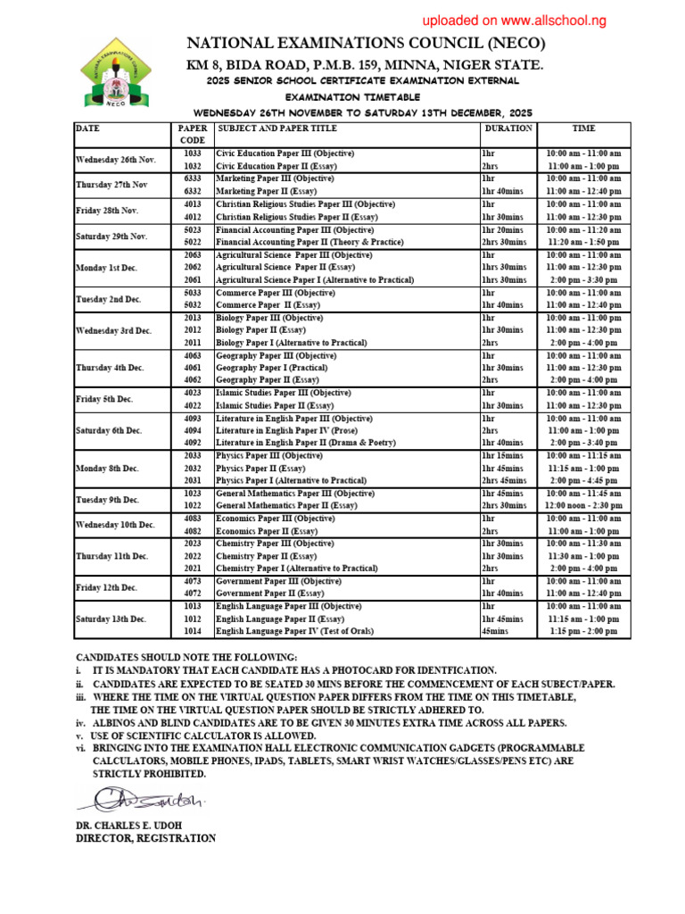 2025 Neco Gce External Timetable | PDF