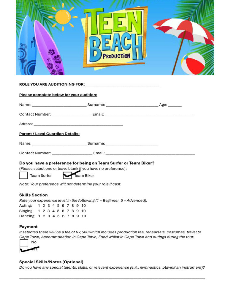 Acting Audition Application Form | PDF