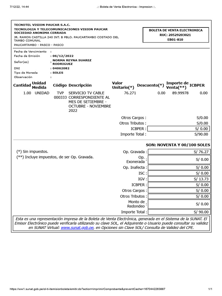 Boleta de Venta Electrónica SUNAT | PDF