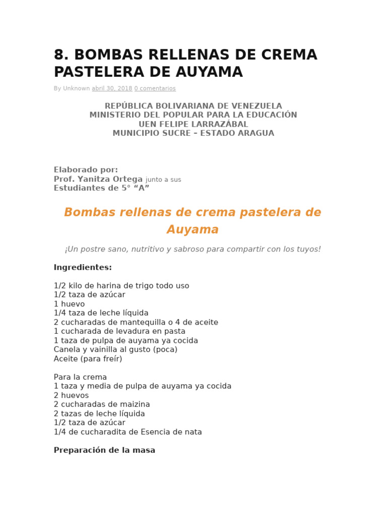 Bombas Rellenas de Crema Pastelera de Auyama | PDF