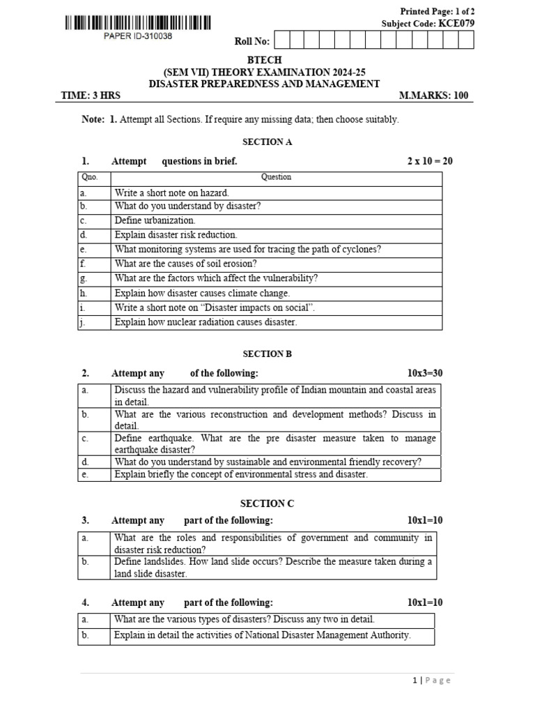 Disaster Preparedness Exam Paper 2024-25 | PDF | Hazards | Natural ...