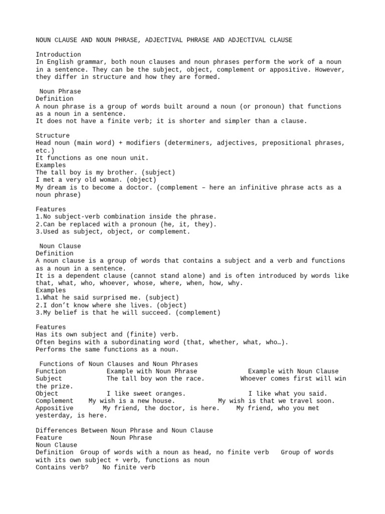 Noun Clause and Noun Phrase, Adjectival Clause and Adjectival Phrase ...