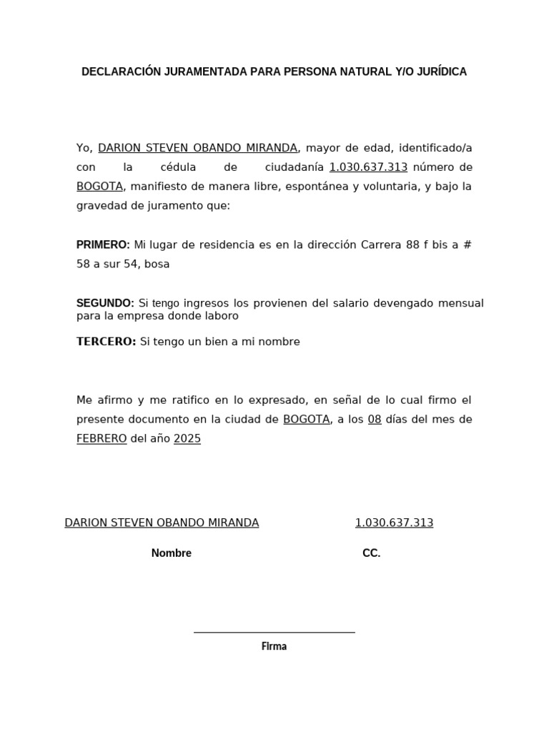 Declaración Juramentada Persona Natural | PDF
