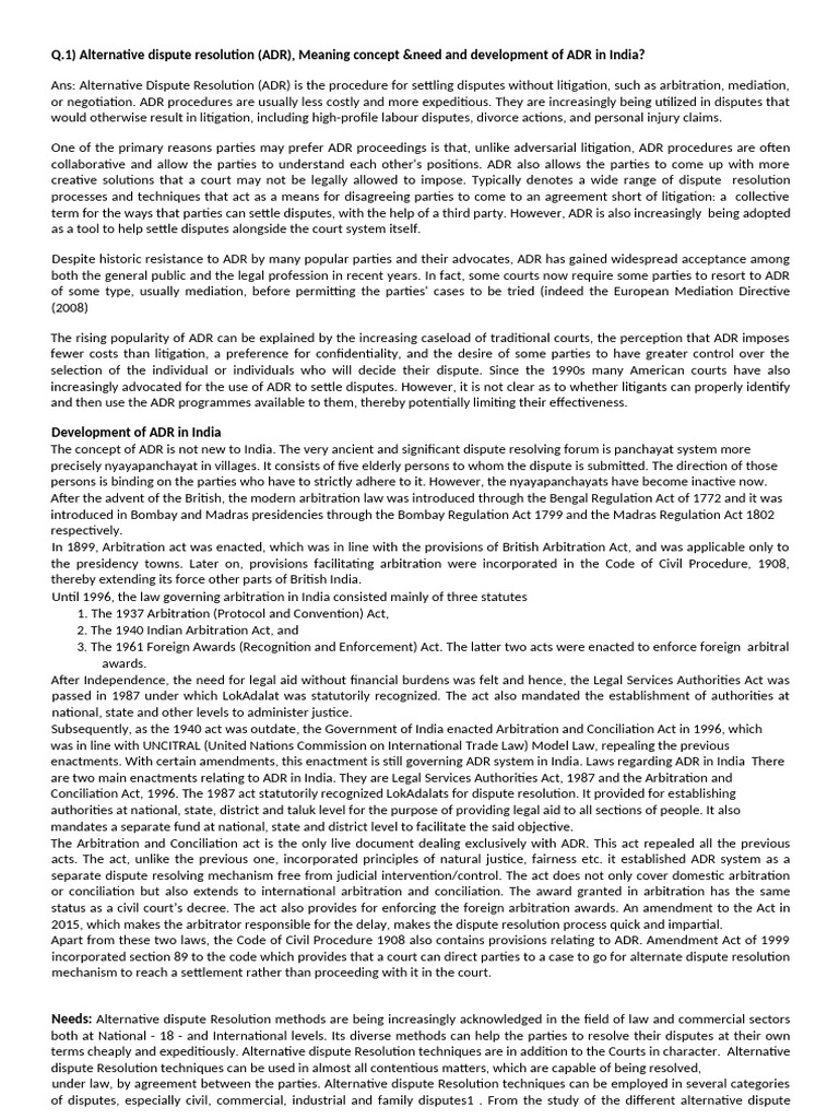 Q.1) Alternative Dispute Resolution (ADR), Meaning Concept &need and ...