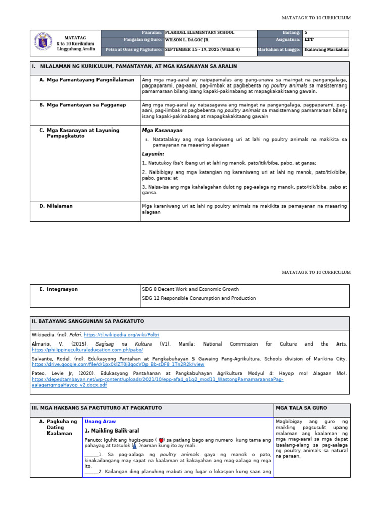 DLL Matatag - Epp 5 q2 w4 | PDF