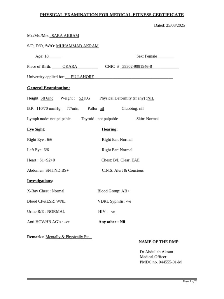 Proforma For Medical Certificate | PDF