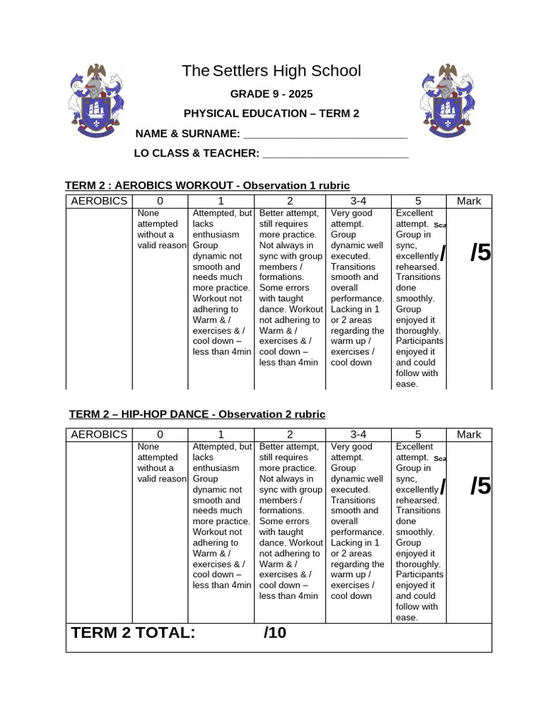 Term 2 - GR9 Aerobics Pe Rubric | PDF | Management Of Obesity ...